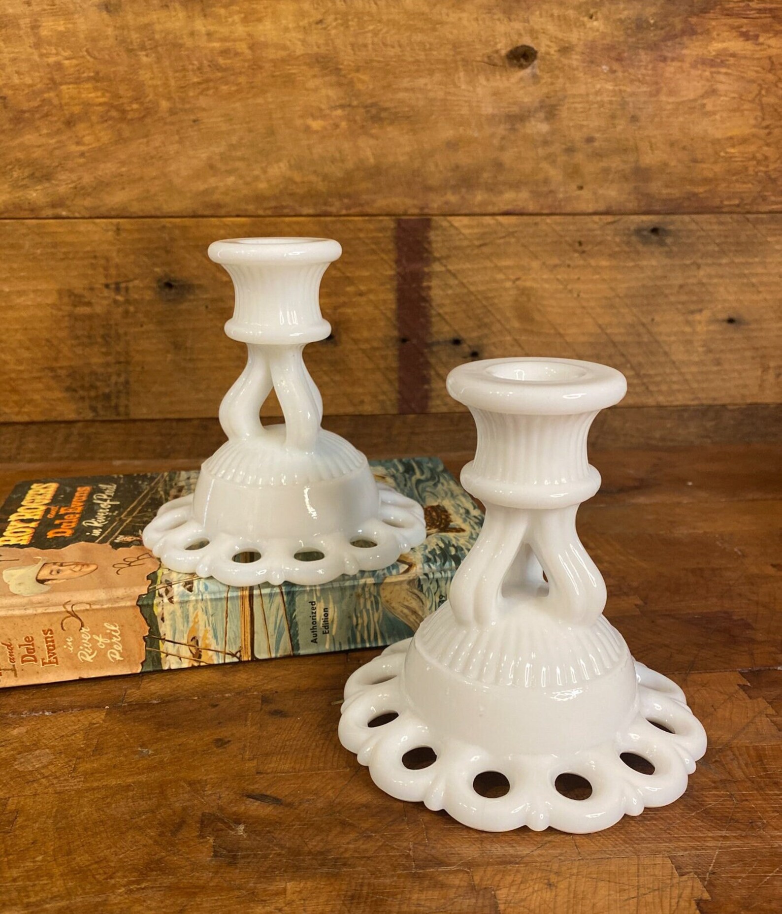Doric Pattern Pair of Milk Glass Candle Holders, Vintage Decor, Shabby ...