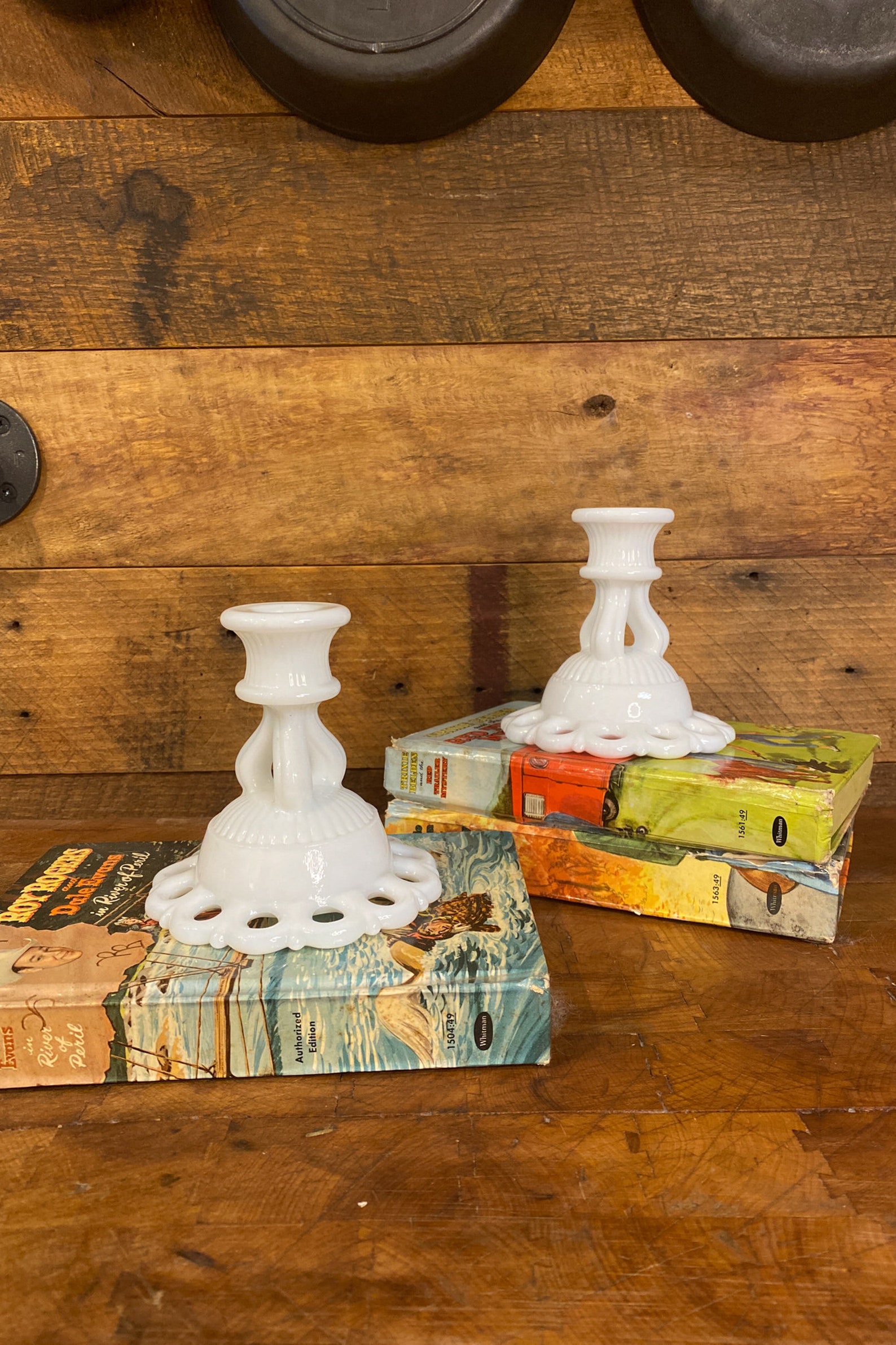 Doric Pattern Pair of Milk Glass Candle Holders, Vintage Decor, Shabby ...