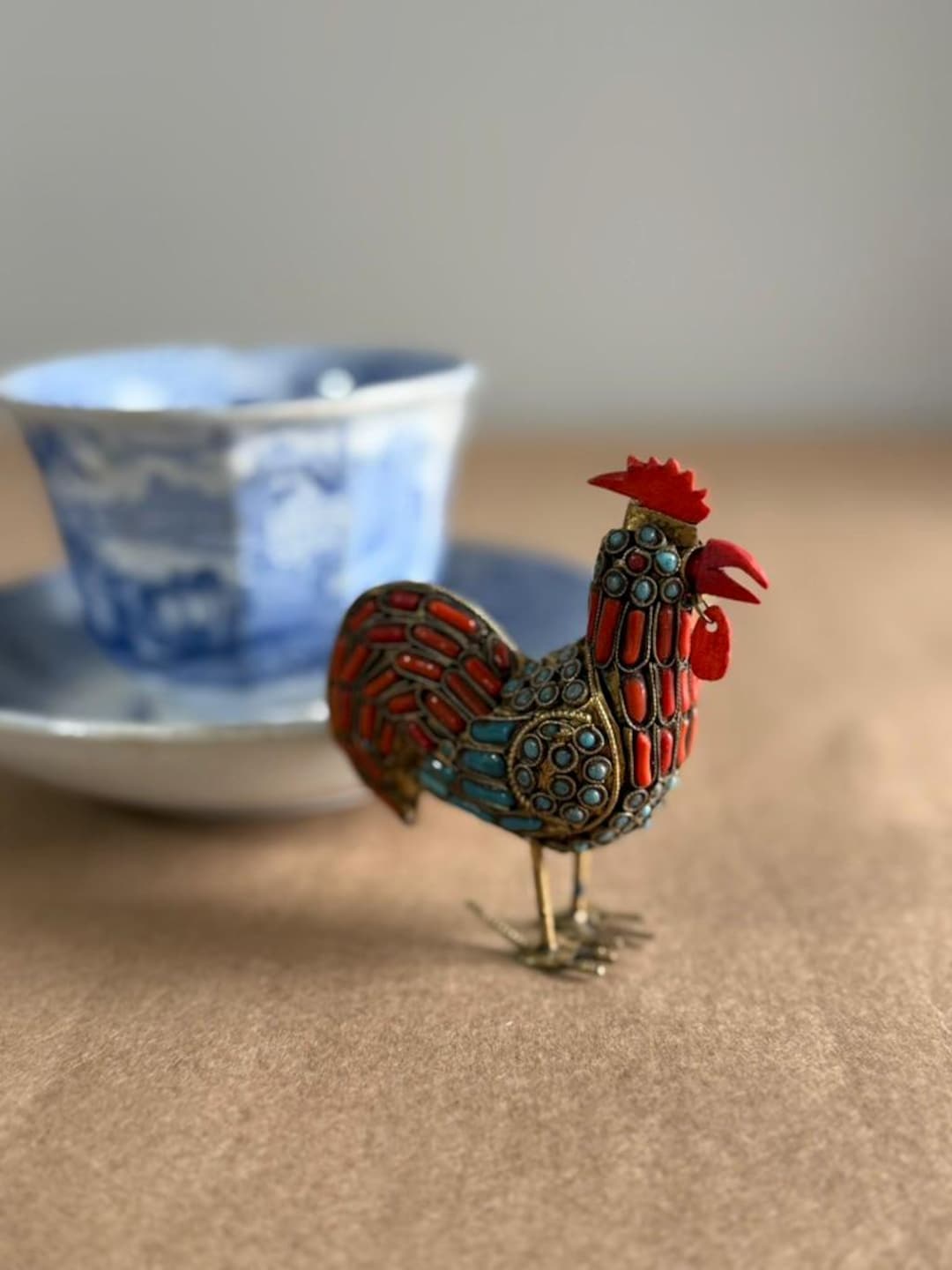 Handmade Brass Rooster With Inlaid Turquoise and Coral Stones, Nepal ...