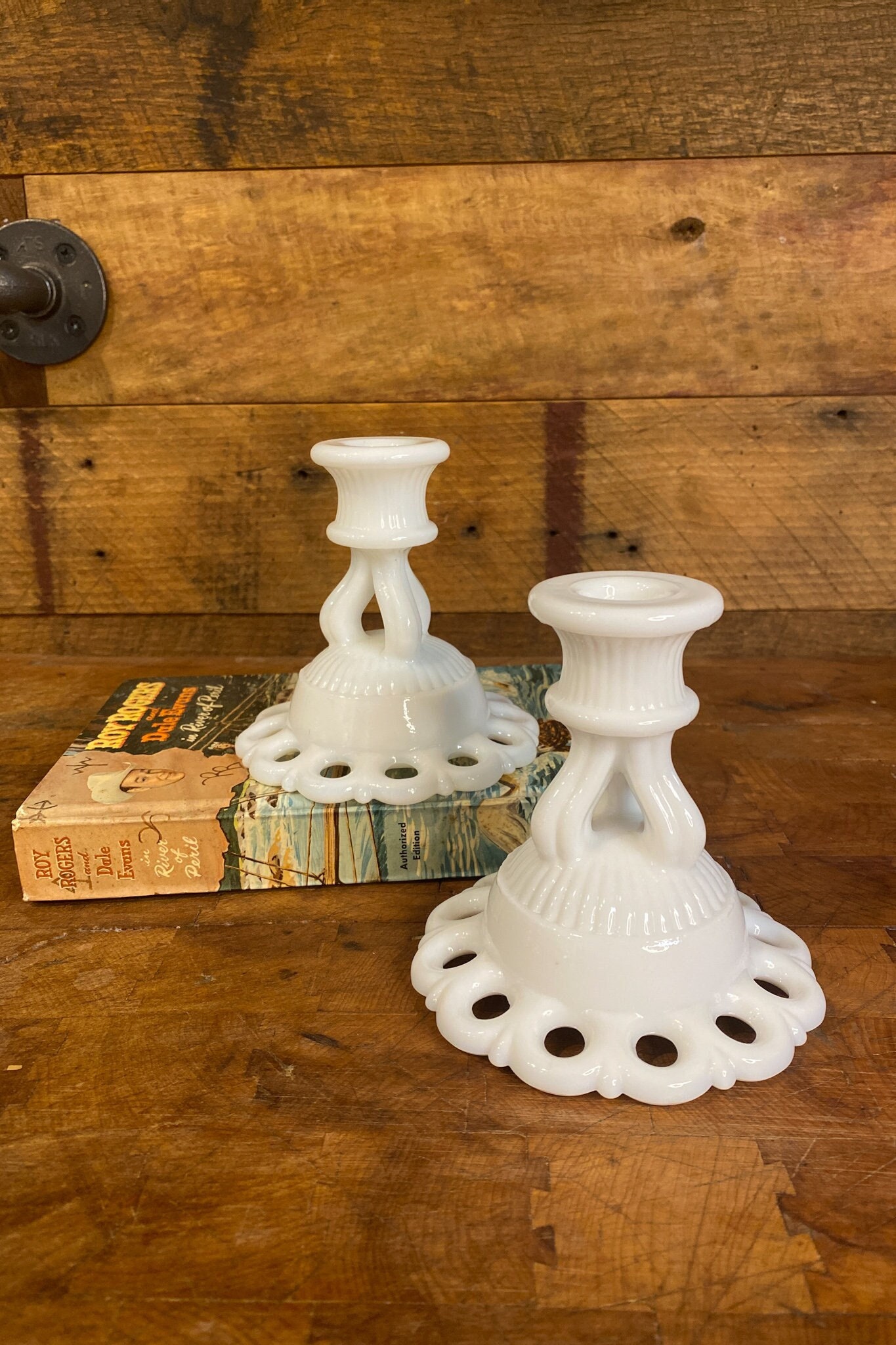 Doric Pattern Pair of Milk Glass Candle Holders, Vintage Decor, Shabby ...
