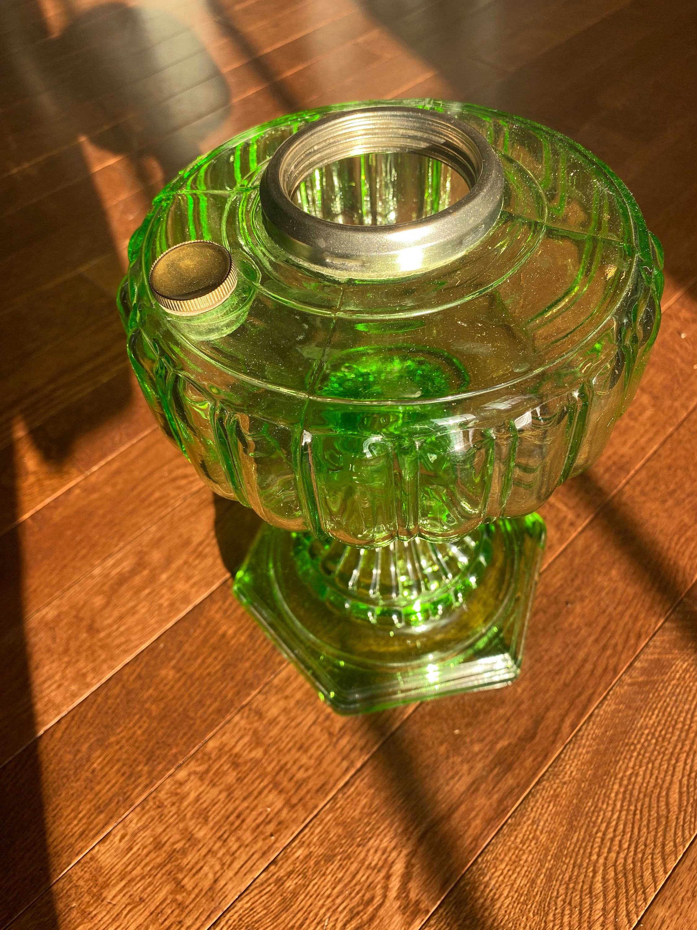 Vaseline Glass Oil Lamp Base, Uranium Glass, Pre War Glass, Americana ...