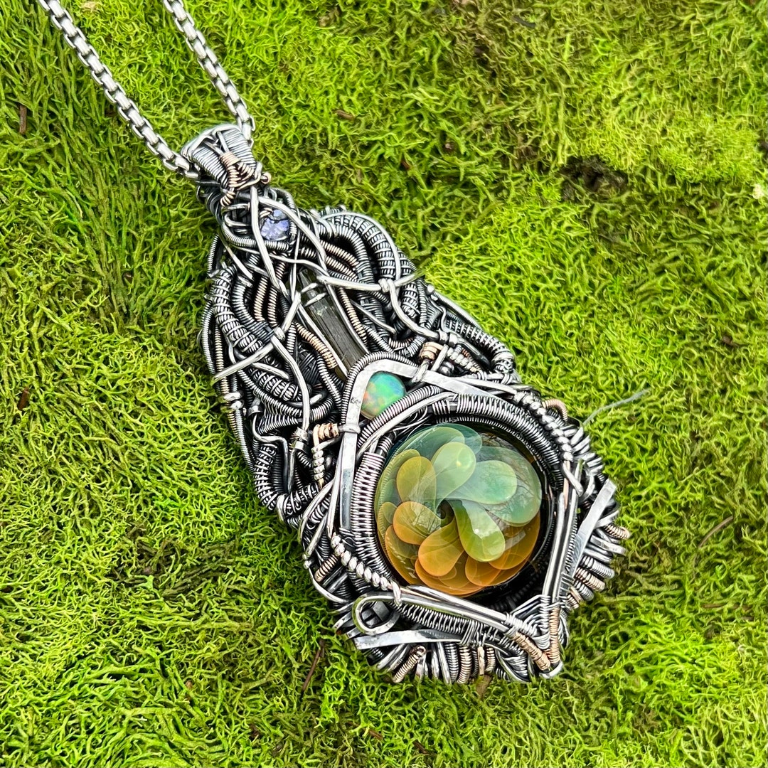 Reversible Pendant, Glass Marble, Opal, Tanzanite, Silver, Gold ...