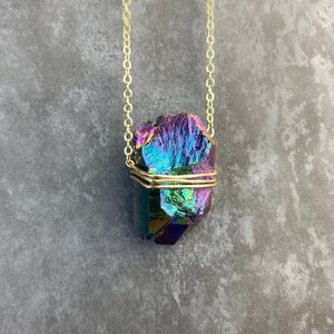 Rainbow Aura Quartz Clusterterminated Points Gold Necklace Gold Wire Wrap Aura Necklace ...