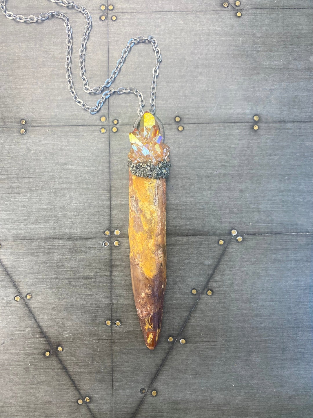 Spinosaurus Tooth & Crystal Necklace Sunshine Aura Quartz Crystal ...