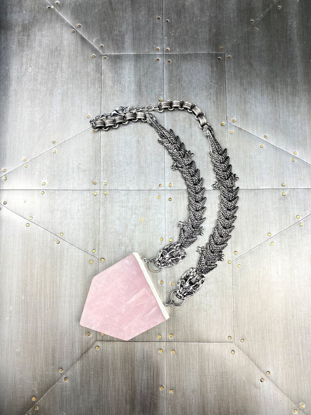 Twin Dragon Rose Quartz Crystal Necklace~extra Large Pentagon Crystal ...