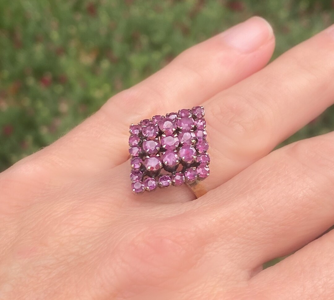 Large Antique Ruby Cluster Pyramid 14K Gold Ring ~ Ruby Cluster Kite ...