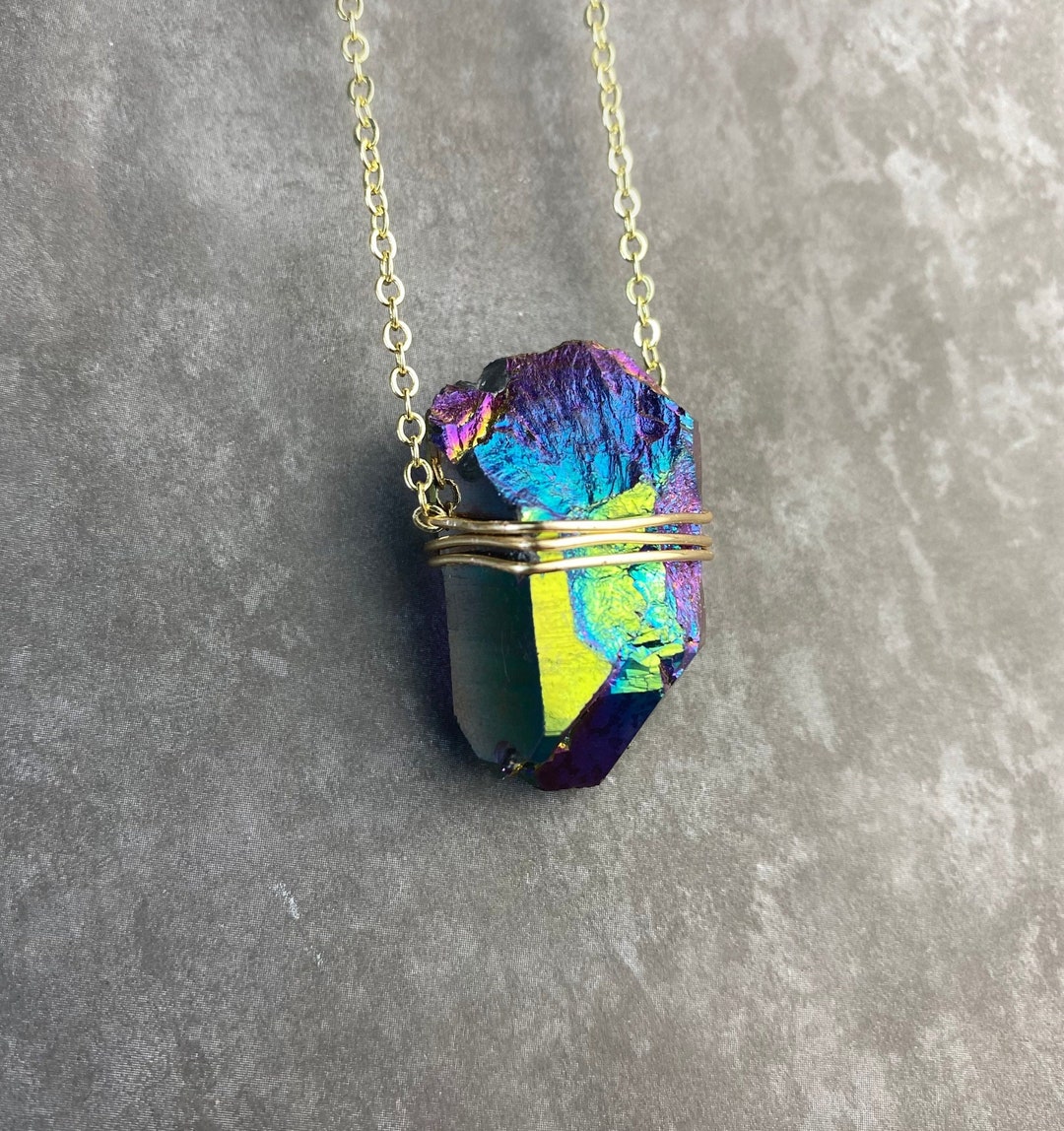 Rainbow Aura Quartz Clusterterminated Points Gold Necklace Gold Wire Wrap Aura Necklace ...