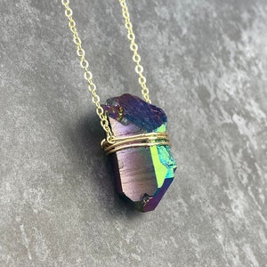 Rainbow Aura Quartz Clusterterminated Points Gold Necklace Gold Wire Wrap Aura Necklace ...