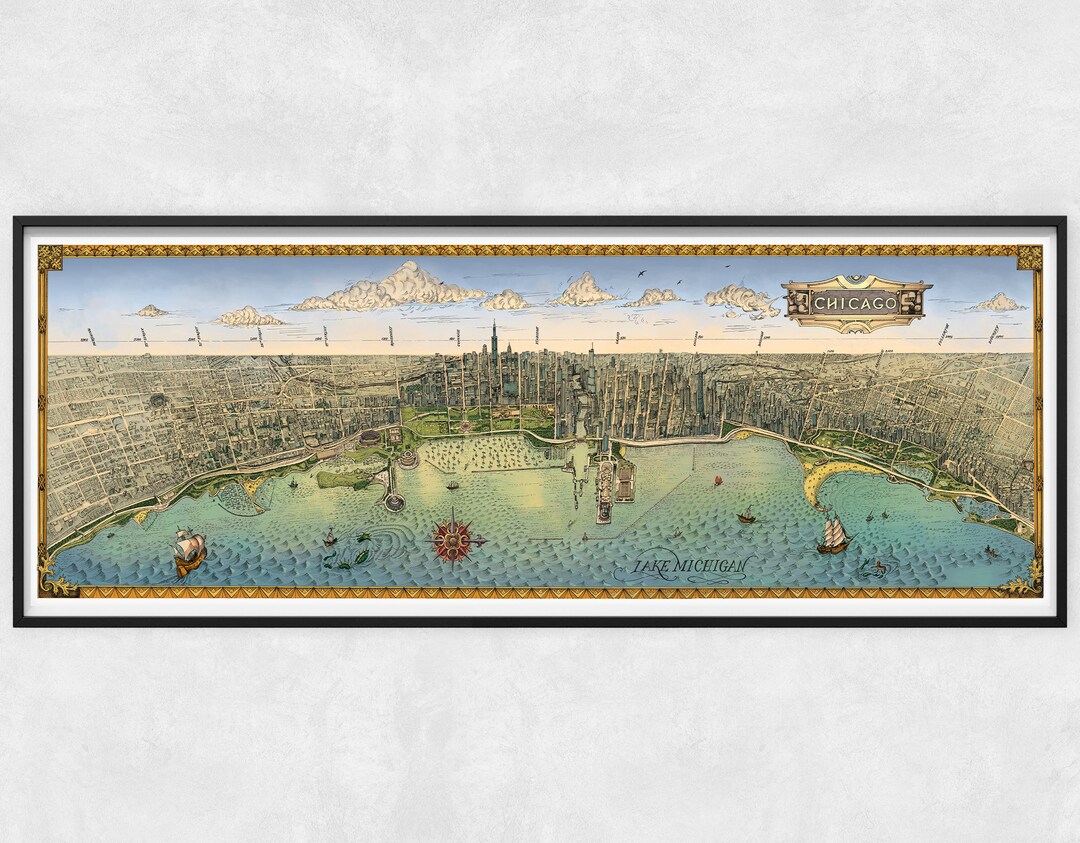 Chicago Lakefront and Skyline Map Illustration - Etsy