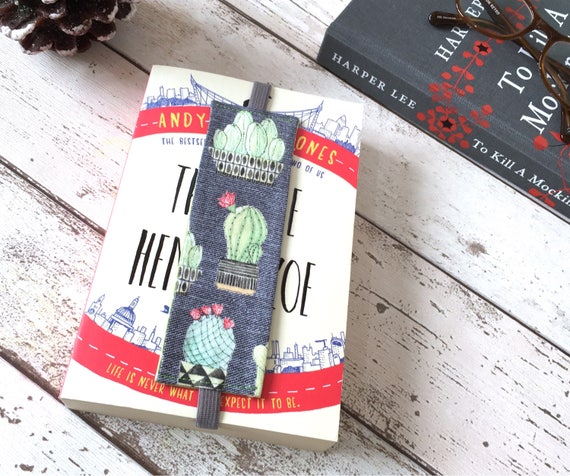 Cactus Bookmark Grey Green Cotton Page Marker Fabric Elastic | Etsy