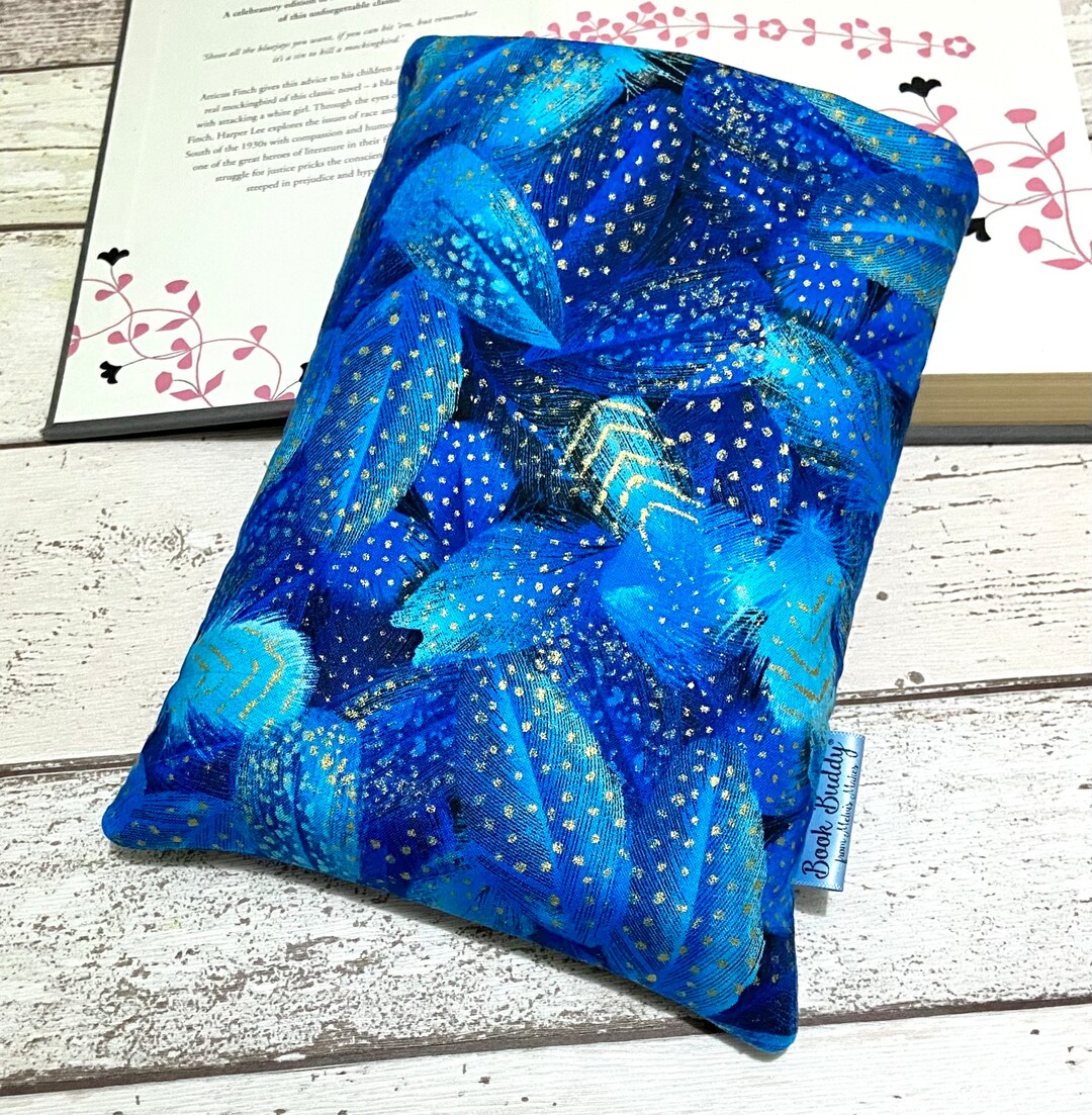 Speckled Feather Book Buddy, Metallic Gold Padded Book Sleeve, Blue ...
