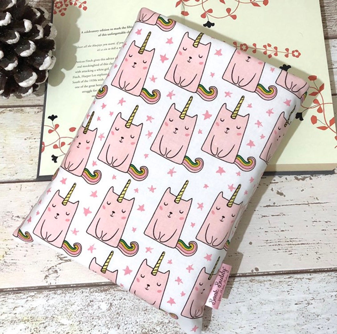 Pink Unicat Book Sleeve: Padded Cotton Book Cover With Gold Horn - Etsy