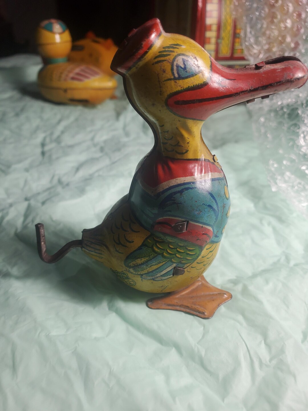 Vintage Chen Tin Wind up Duck, Tin Rabbit on Wheels Spinning Top Toys ...