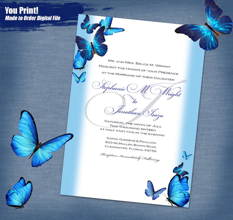 Blue Butterflies Wedding Invitation Set Digital, Printable Wedding ...
