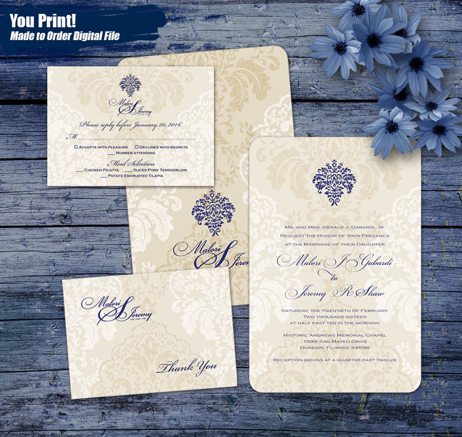 Printable Vintage Damask Wedding Invitation Set, Damask Wedding ...