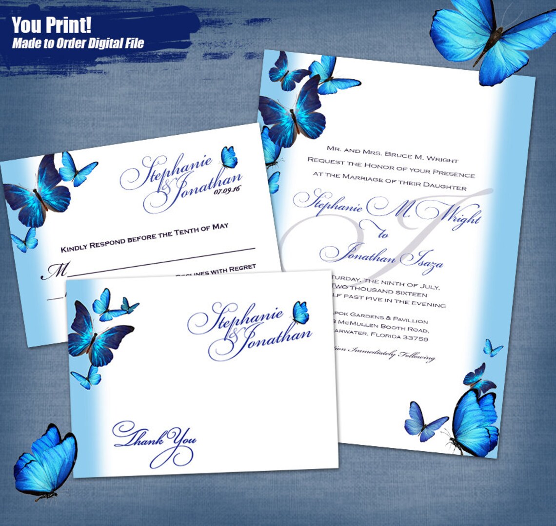Blue Butterflies Wedding Invitation Set Digital, Printable Wedding ...