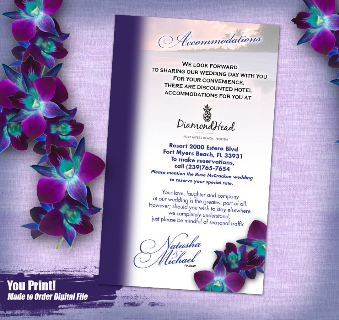 Printable Wedding Accommodations Card, Purple Orchid Beach Wedding ...