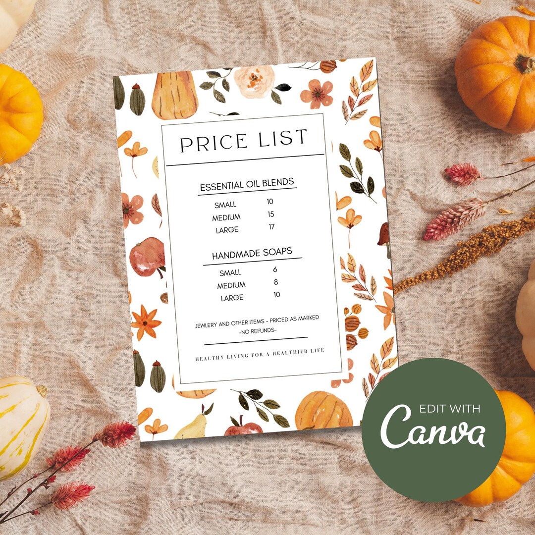 Fall Vendor Price List Template (digital Download 18x24" Image) - Etsy