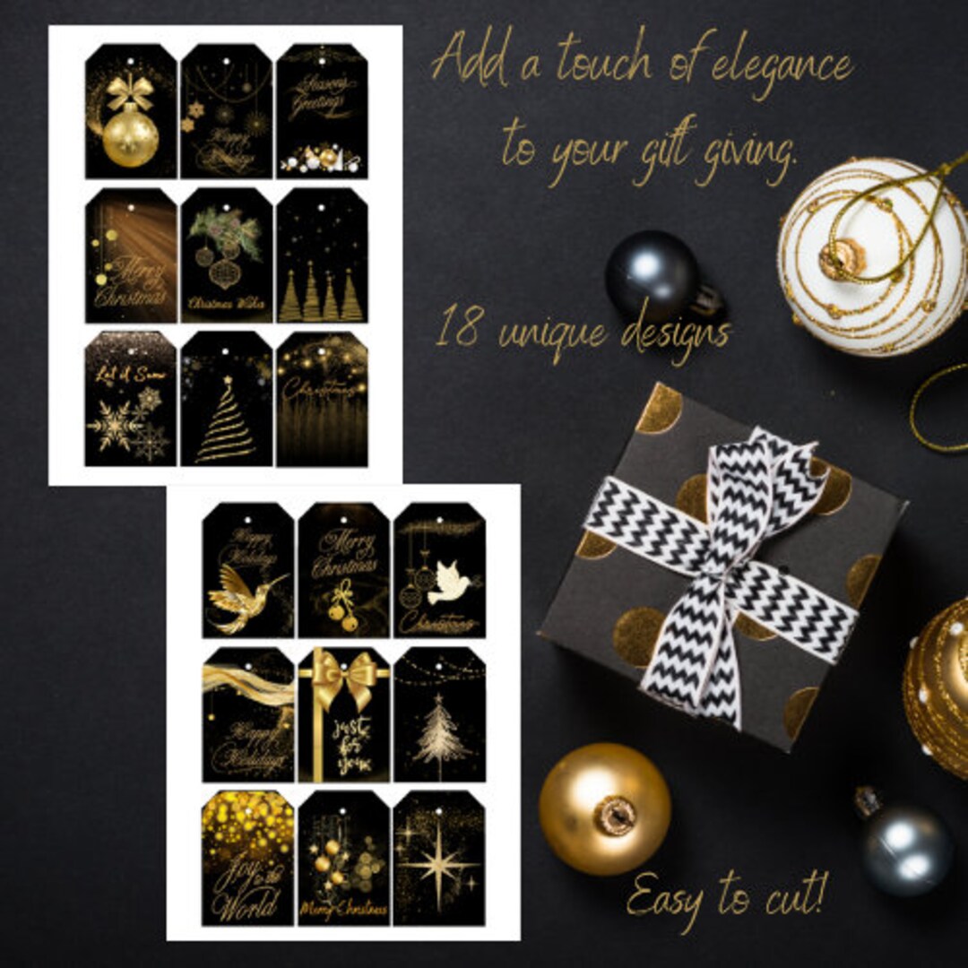 Black and Gold Christmas Gift Tags, Elegant Printable (instant Download ...