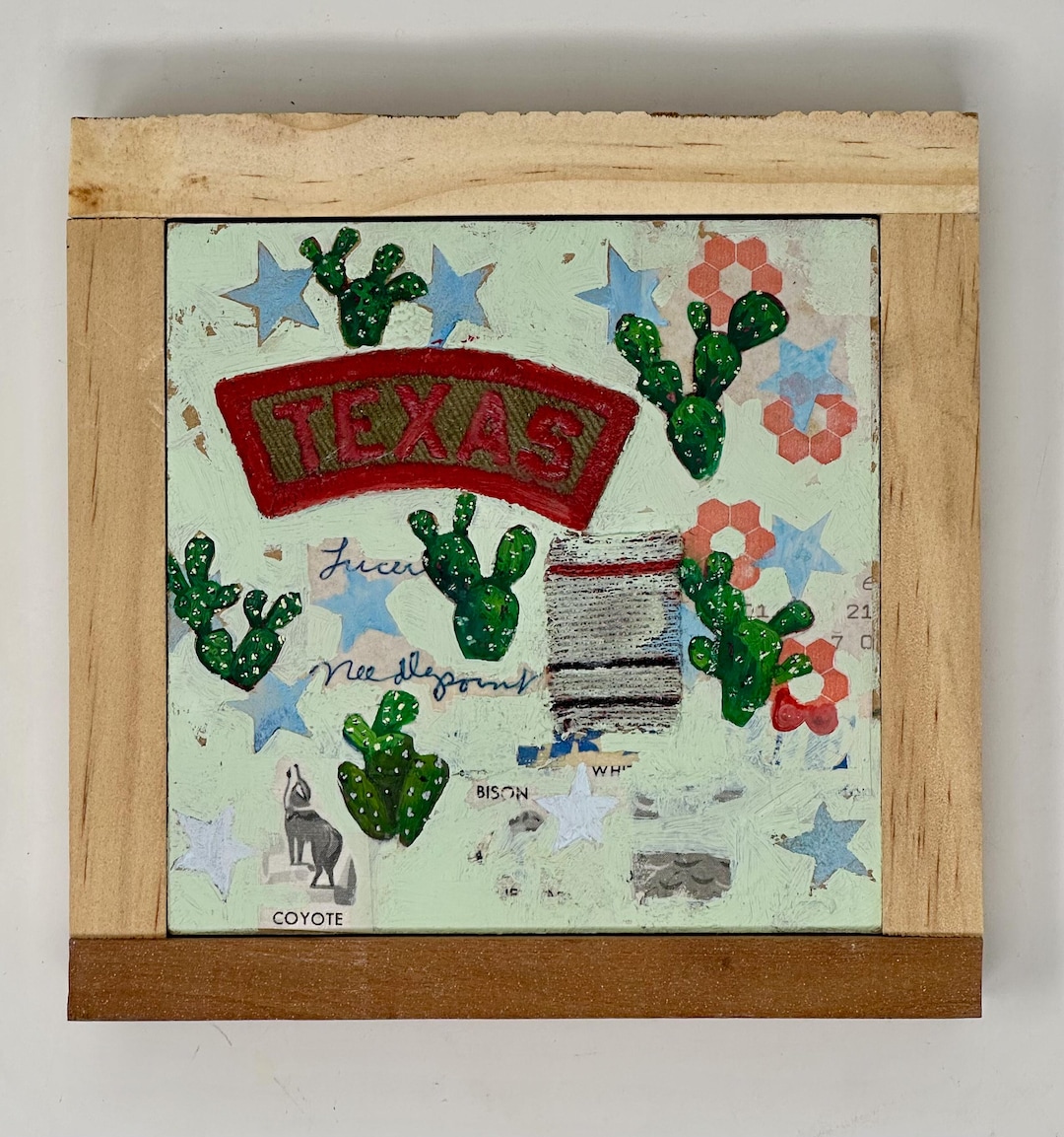 Texas Needlepoint - Original Oil Painting With Vintage Mixed Media on ...