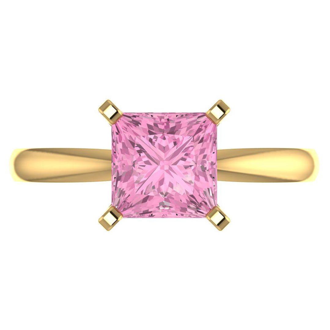 2 Ct Brilliant Princess Cut Pink Simulated Diamond Stone Yellow Gold ...