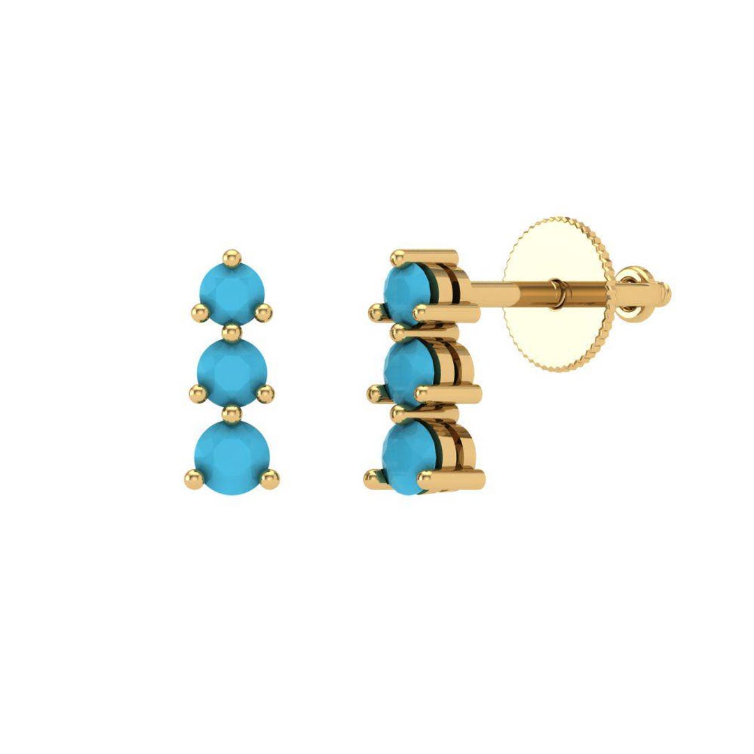 0.52 Ct Brilliant Round Cut Studs Simulated Turquoise Stone Yellow Gold ...