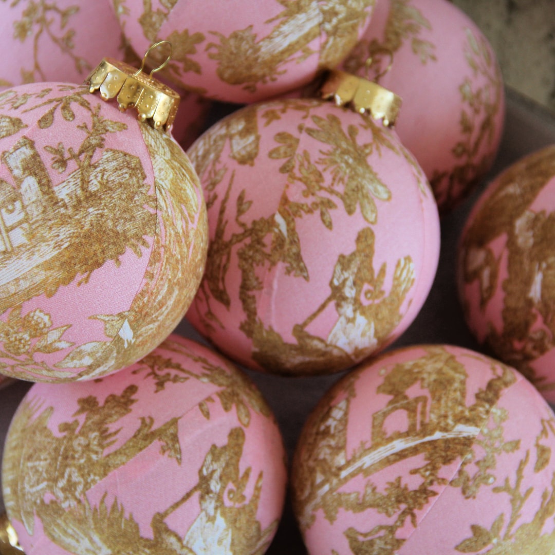 Pink and Gold Toile Christmas Ornaments, Tree Decoration, Christmas ...