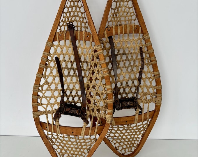 Vintage WOOD & RAWHIDE SNOWSHOES, 41" Canada Snowshoes, Wood Frames ...