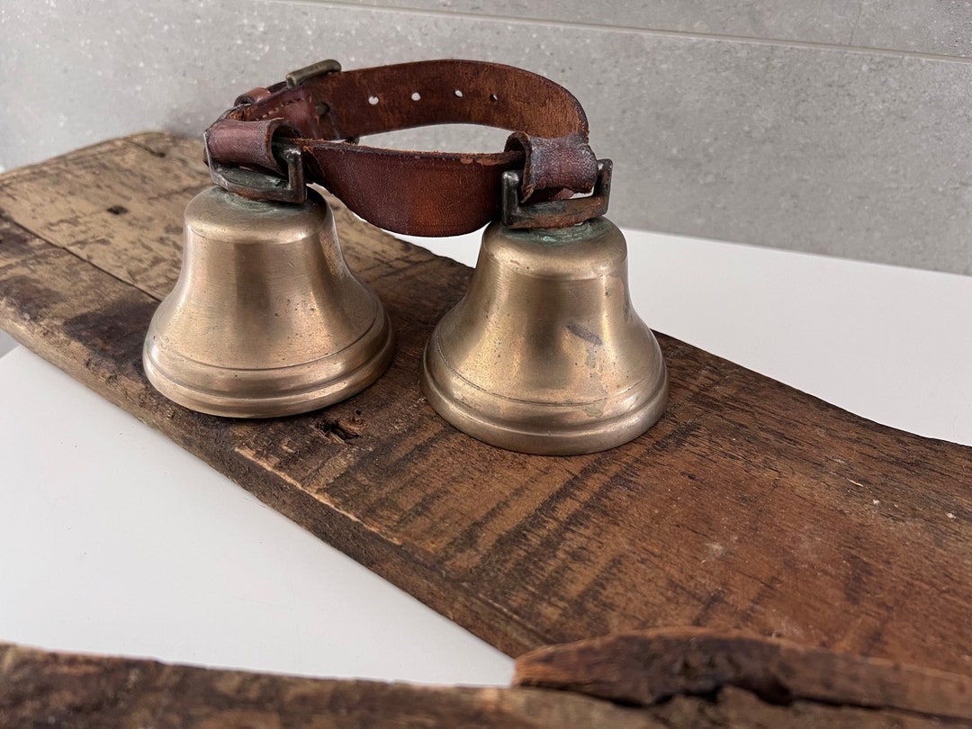 Vintage SOLID BRASS BELLS, Pair of Antique Brass Cow Bells on Leather ...