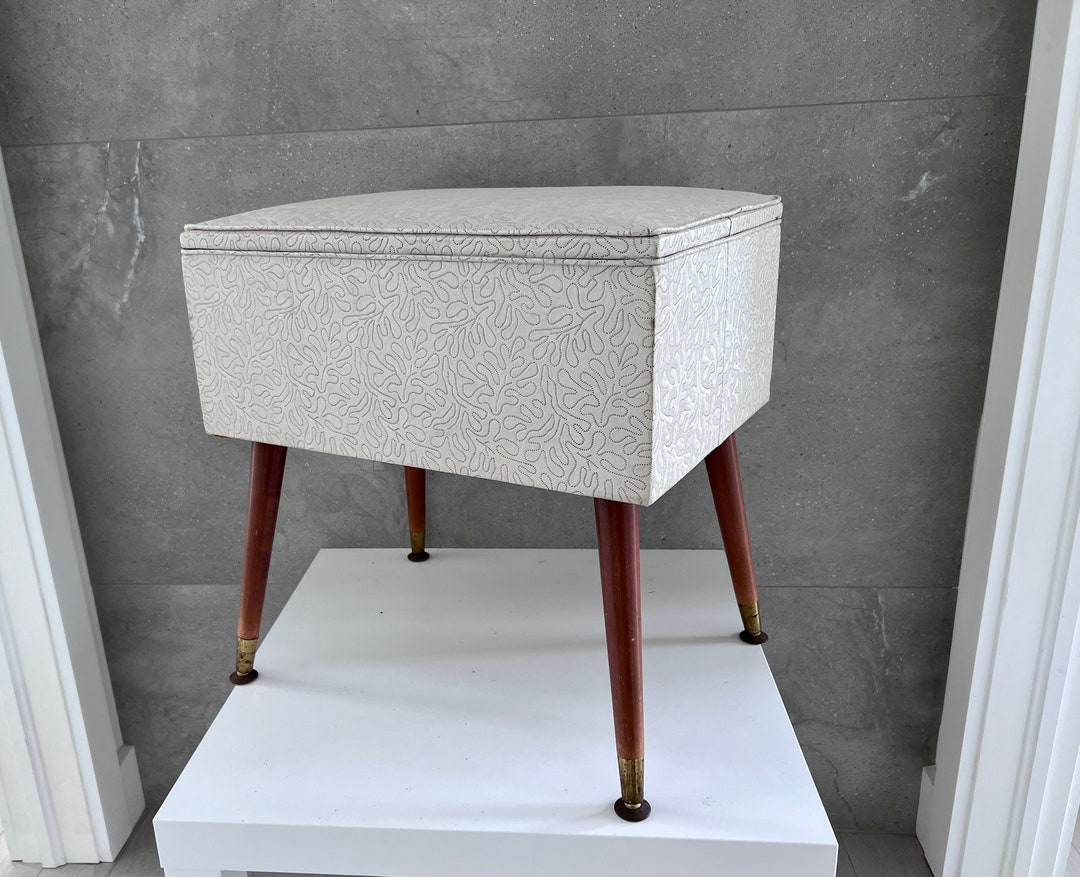 Vintage Mid-century VINYL STORAGE BENCH, Ottoman Seat With Storage, Off ...