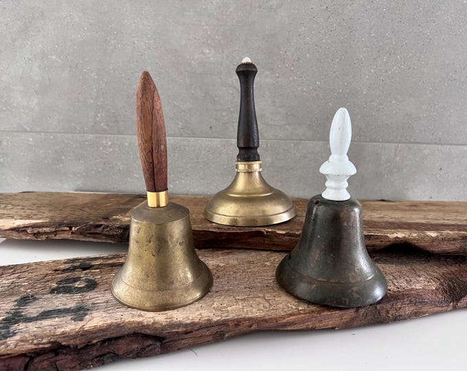 Vintage Early 1900s BRASS SCHOOL BELL, Wood Handle Teacher's Bell, Hand ...