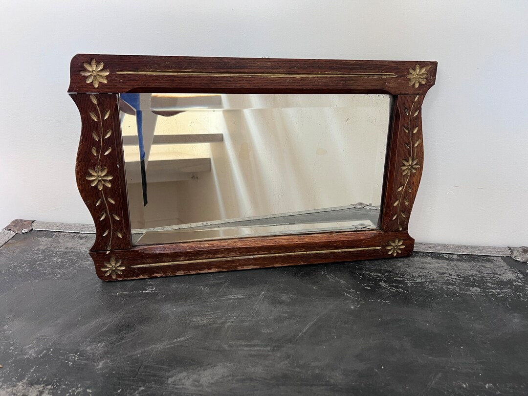 Vintage BEVELLED MIRROR W/ CARVED Wood Frame, Antique Folk Art Wall ...