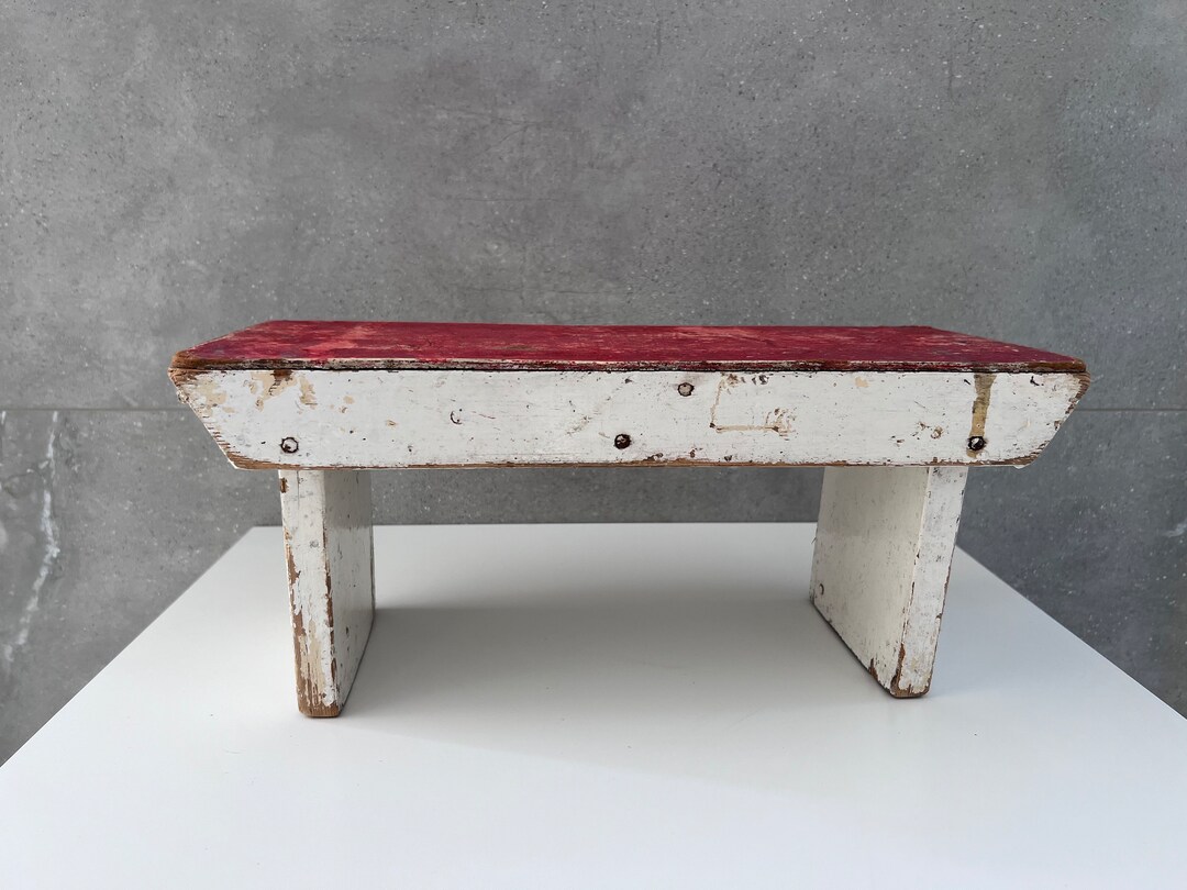Vintage RED & WHITE STOOL, Antique Wood Milking Stool, Chippy Paint ...