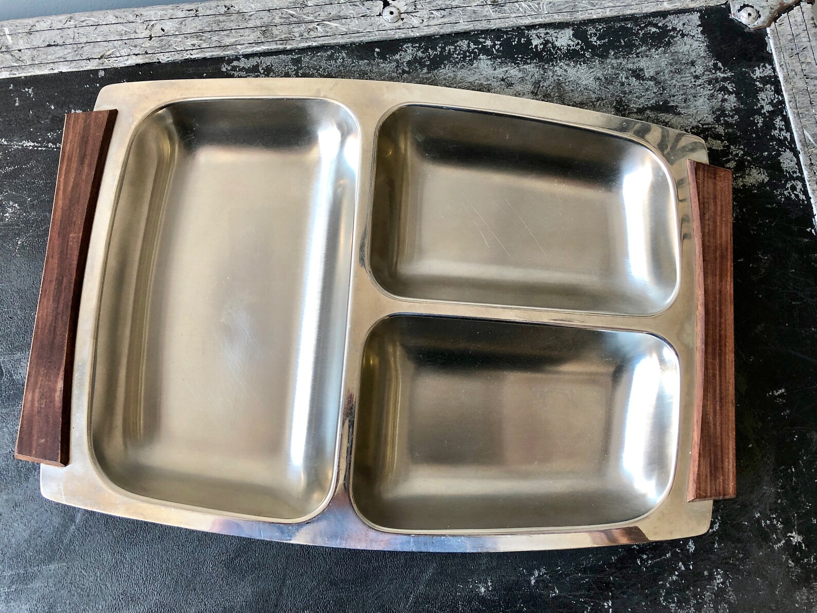 Vintage STAINLESS 3 SECTION SERVING Tray Mid Century Wood - Etsy