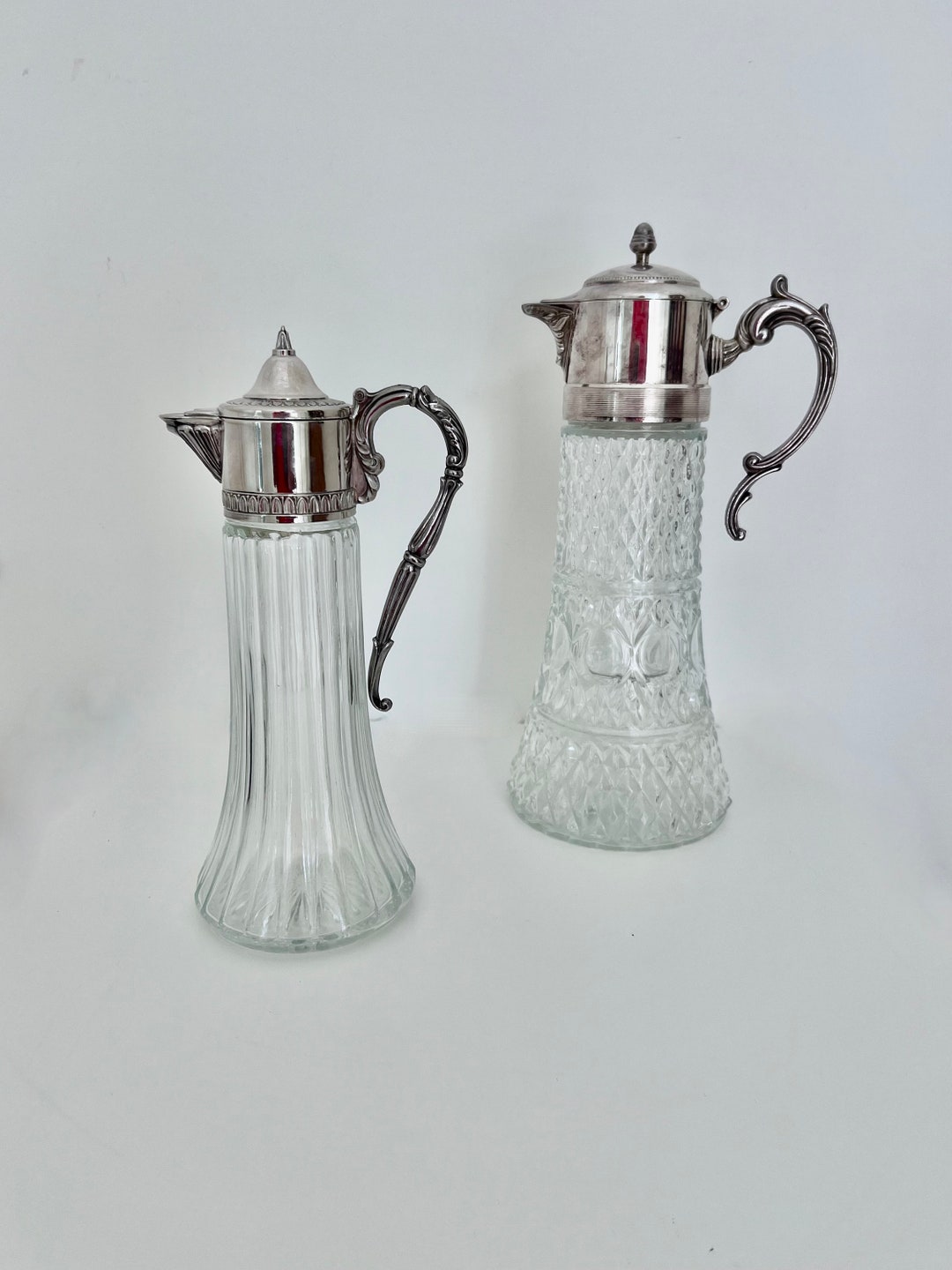 Vintage PRESSED GLASS EWERS Decanter, Your Choice! Cut Glass W/ Silver ...