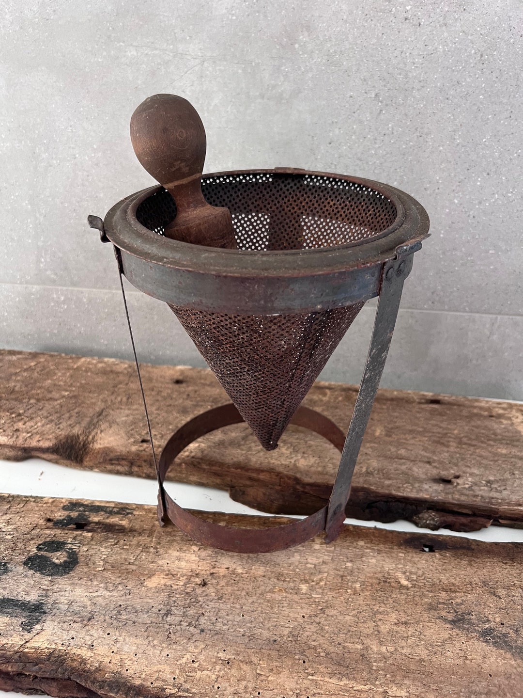 Vintage METAL CONE SIEVE W/ Wood Pestle, Rustic Rusted Primitive ...