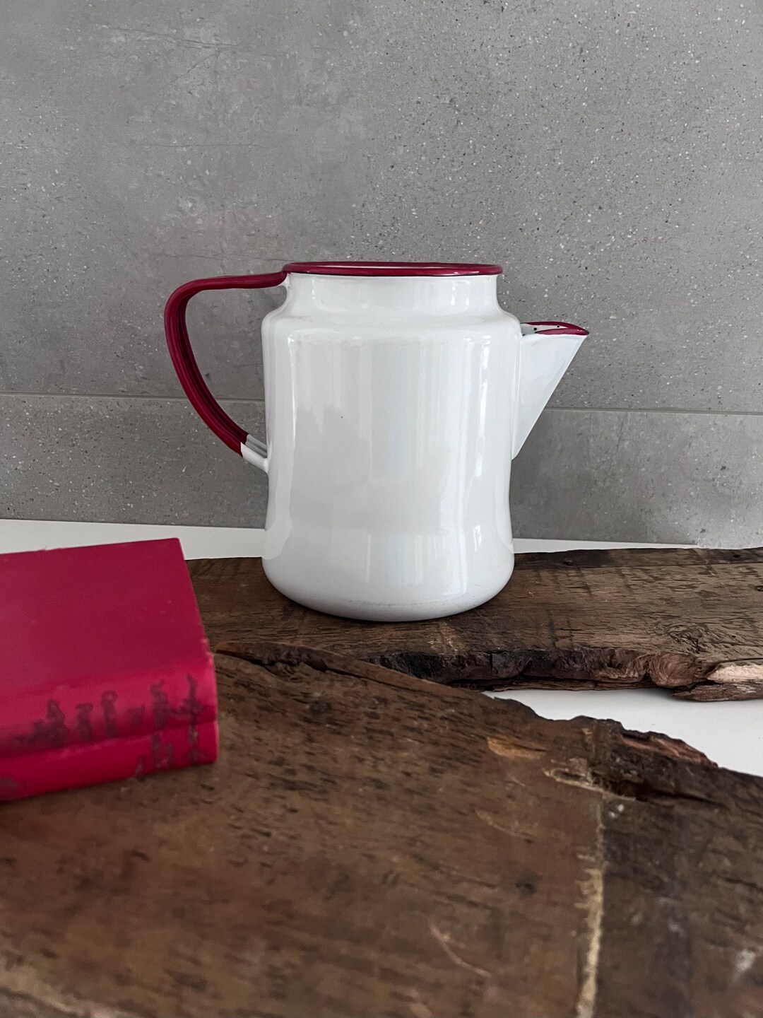 Vintage ENAMELWARE COFFEE POT, White W/ Red Trim Enamel Coffee / Tea ...