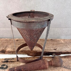 Vintage METAL CONE SIEVE W/ Wood Pestle, Rustic Rusted Primitive ...