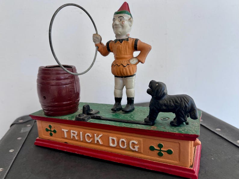Vintage Trick Dog Bank: 1970s Cast Iron Clown, Taiwan Reproduction - Etsy