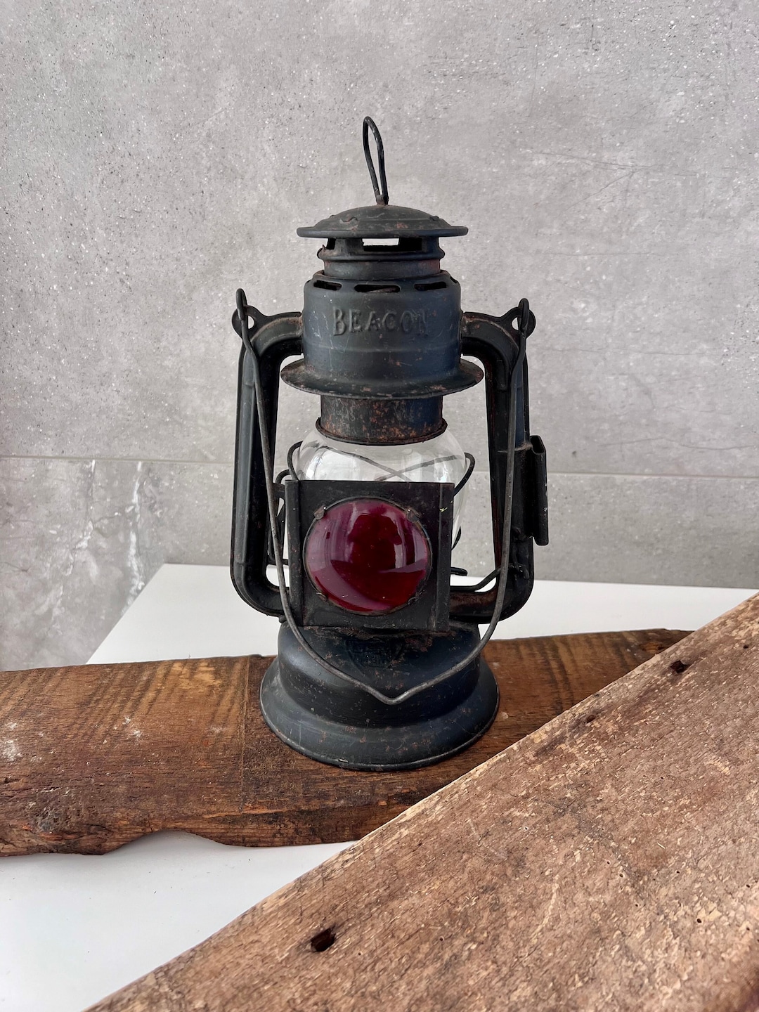 Vintage 1920s Beacon Lantern #11: Rustic Red Lens Lantern, Farmhouse ...