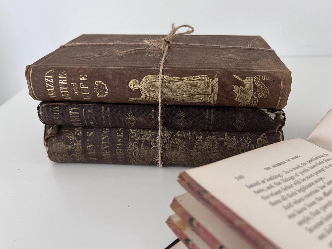Vintage Rare! 1800s TATTERED BOOK STACK, Brown/gold Embossed Religious Books, Collectible ...