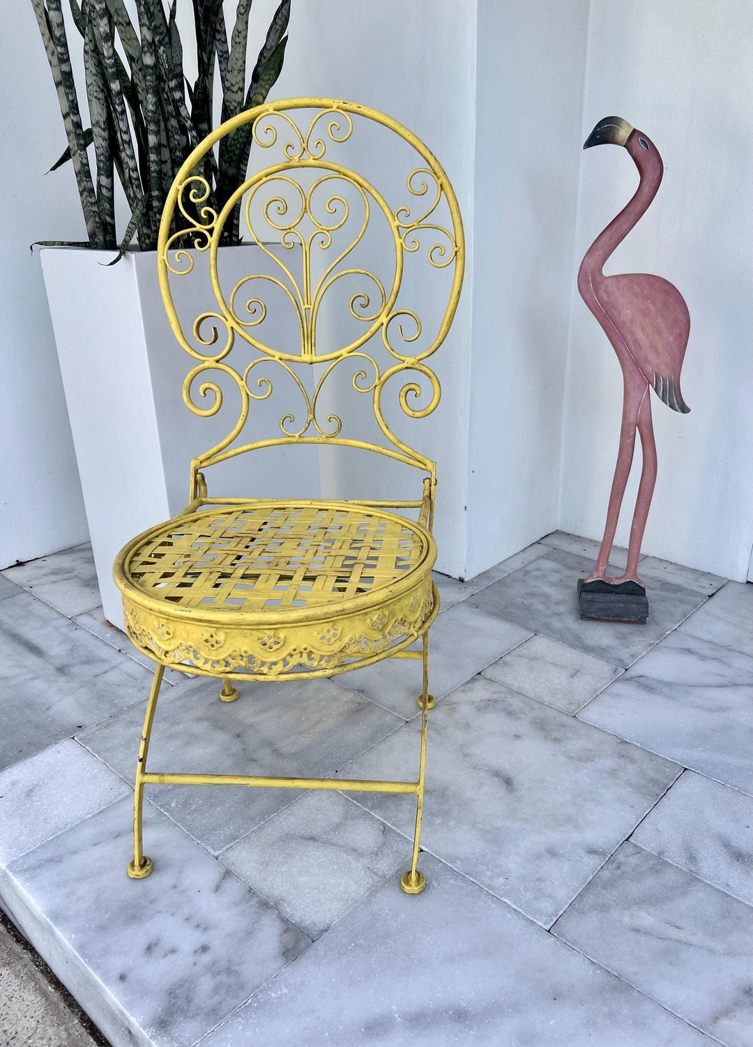 Vintage WROUGHT IRON Folding CHAIR, Yellow Antique Patio Garden Chair ...