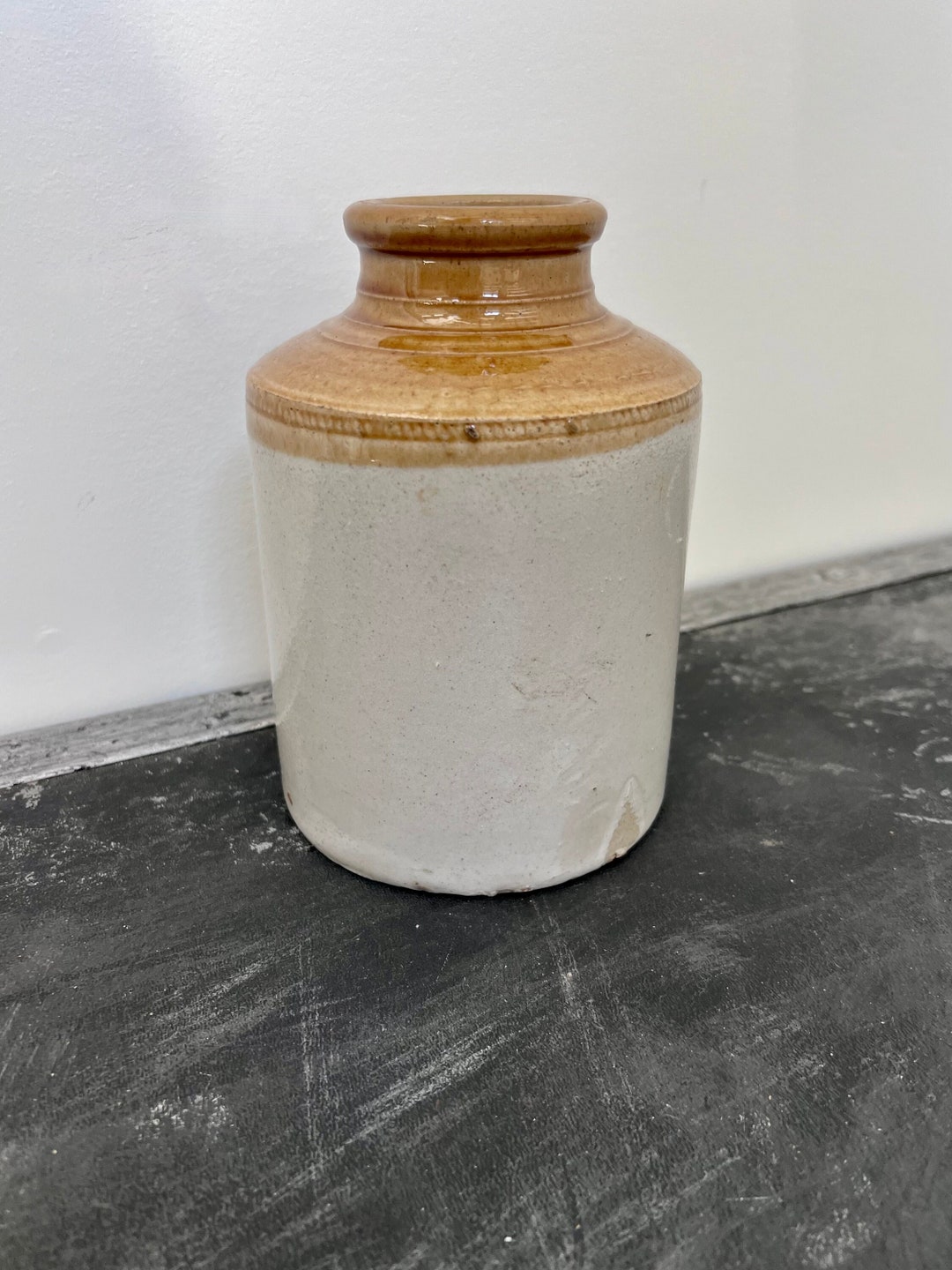 Vintage 2-TONE STONEWARE CROCK, Small Rustic Antique Two-tone Pottery ...