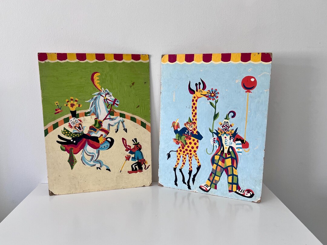 Vintage PAIR of CIRCUS Paint-by-numbers Paintings, Mid-century ...