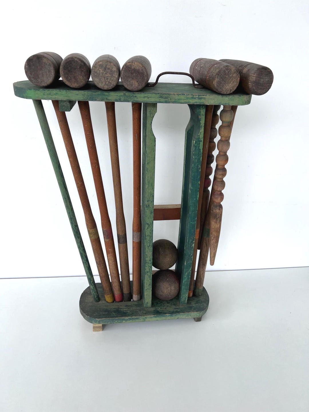 Vintage WOODEN CROQUET SET W/ Original Green Painted Stand, 1940s ...