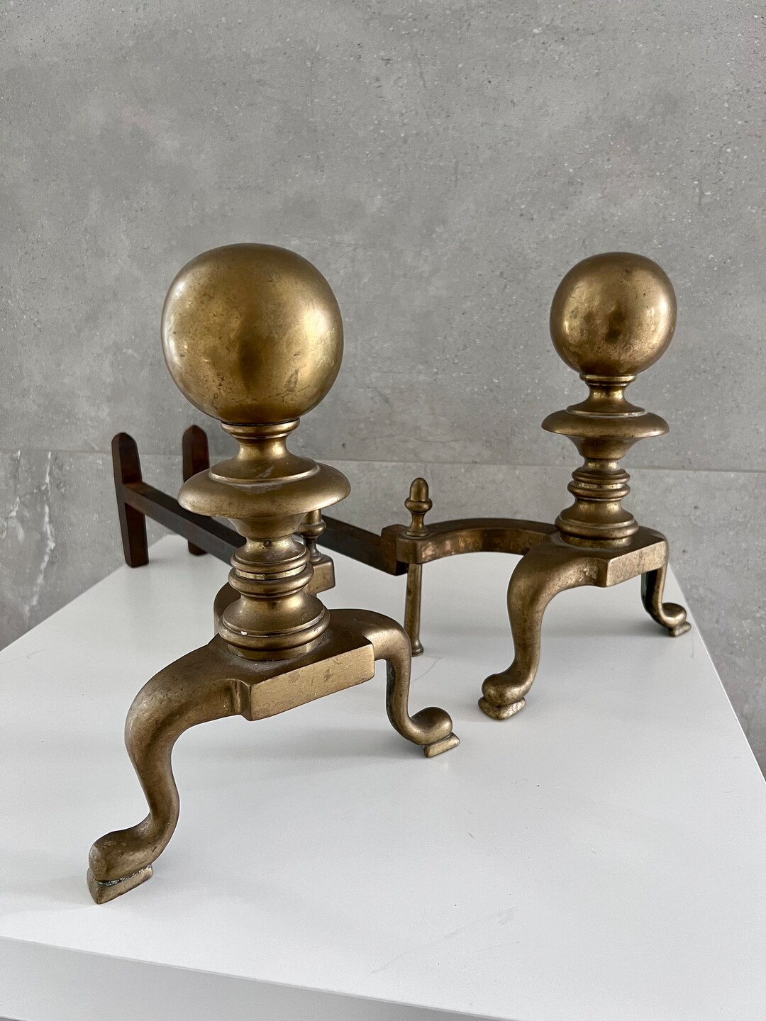 Vintage BRASS & Cast IRON ANDIRONS, Huge Brass Ball and Claw Foot Fire ...