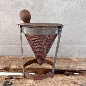Vintage METAL CONE SIEVE W/ Wood Pestle, Rustic Rusted Primitive ...