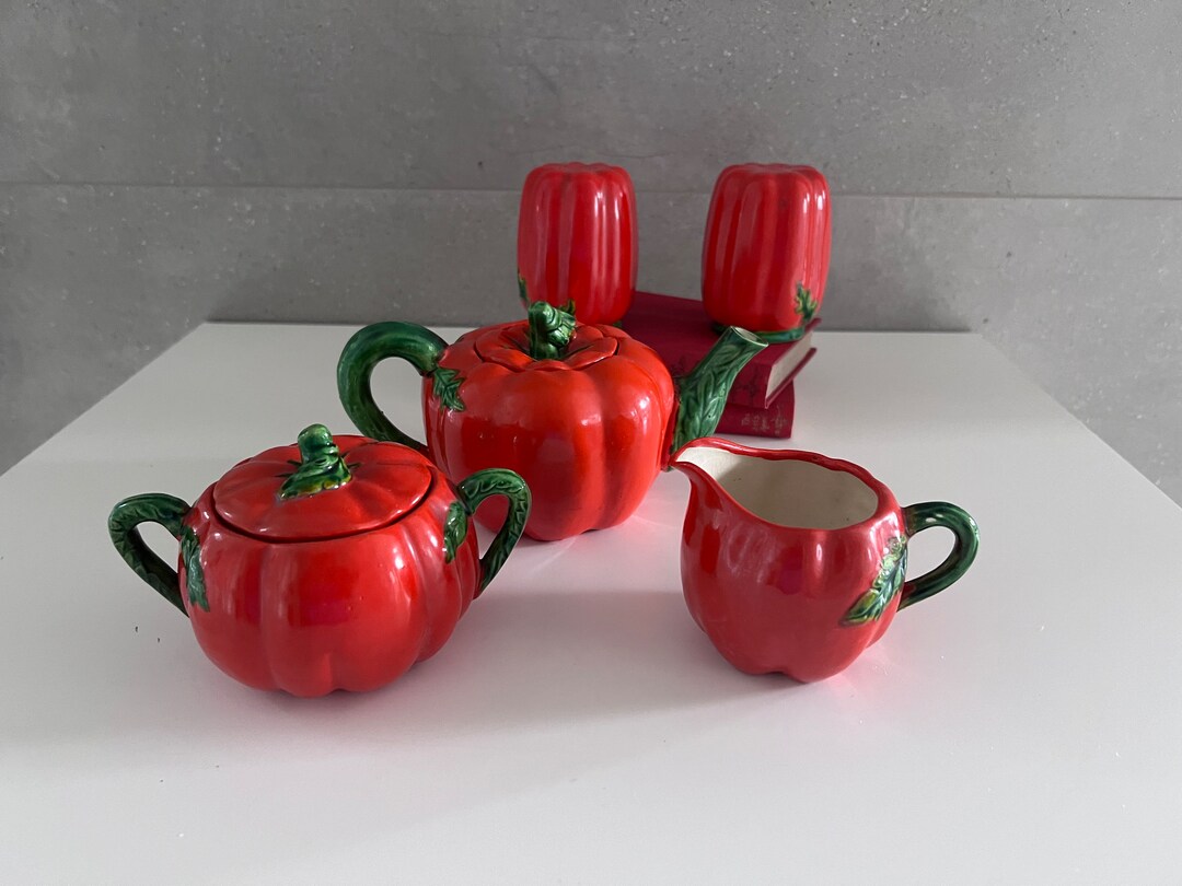 Vintage Maruhon Ware Tomato Tea Set: Mid-century Teapot, Creamer, Sugar ...