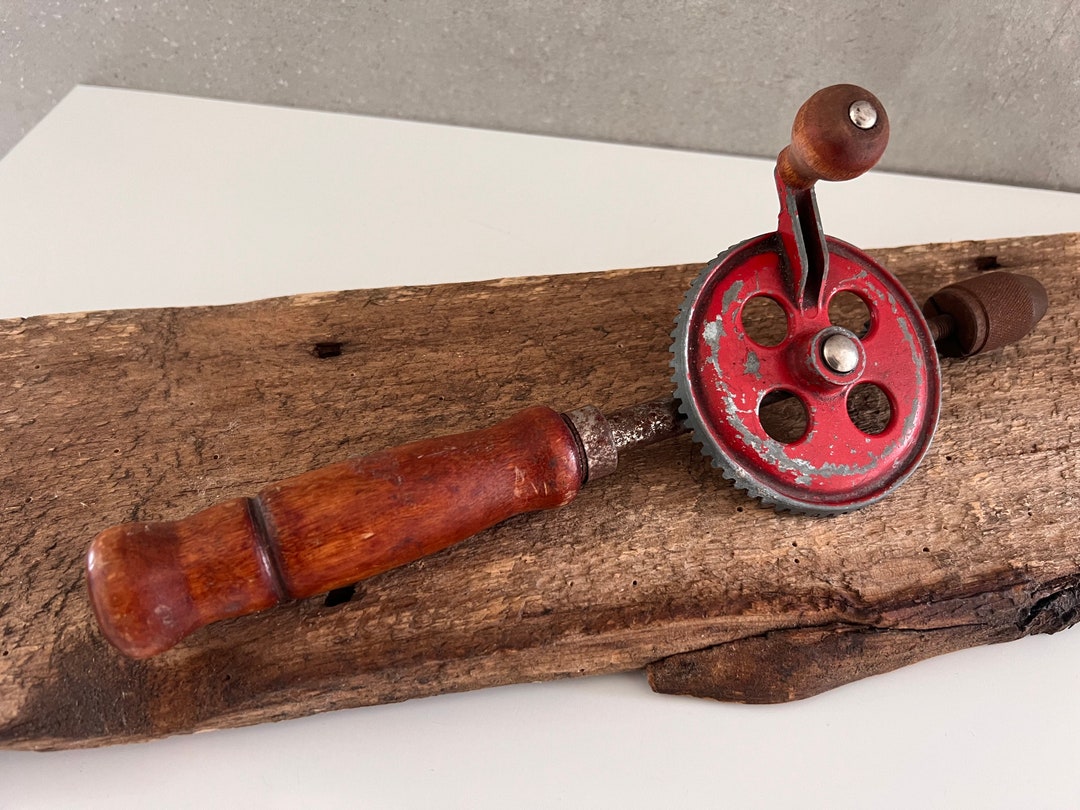 Vintage Red Hand Crank Drill: Chippy Paint, Wood Handle, Antique Tool ...