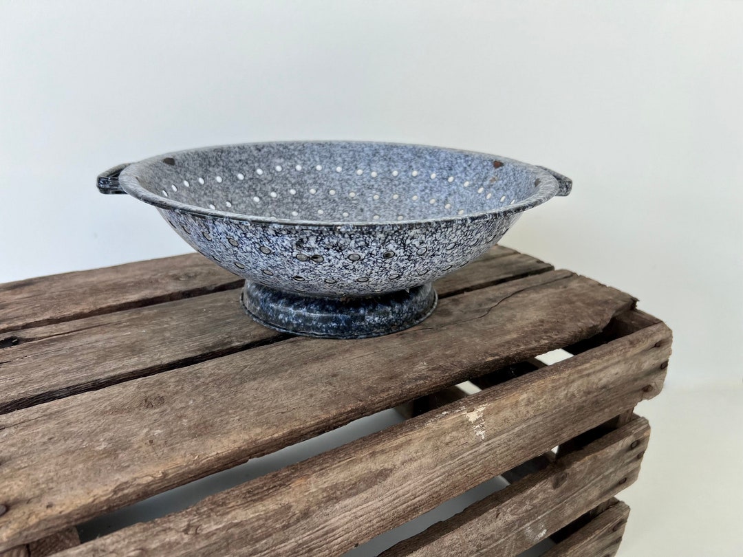 Vintage Blue Spatterware Graniteware Colander: Farmhouse Kitchen Decor ...